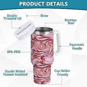 RPLIFE Elegant Abstract Marble Rose Pink Tumbler with Handle, Stainless Water Bottle, Coffee Mug with Lid