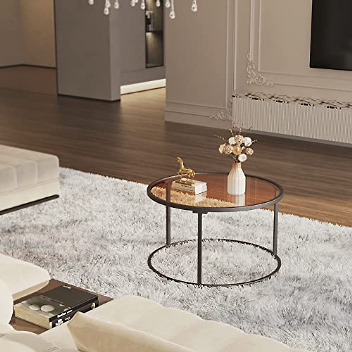 SAYGOER Glass Coffee Table Round Modern Coffee Tables Small Mid Century Coffee Table for Living Room Home Office Simple Retro Table Top with Metal Frames, Easy Assembly, Brown Black