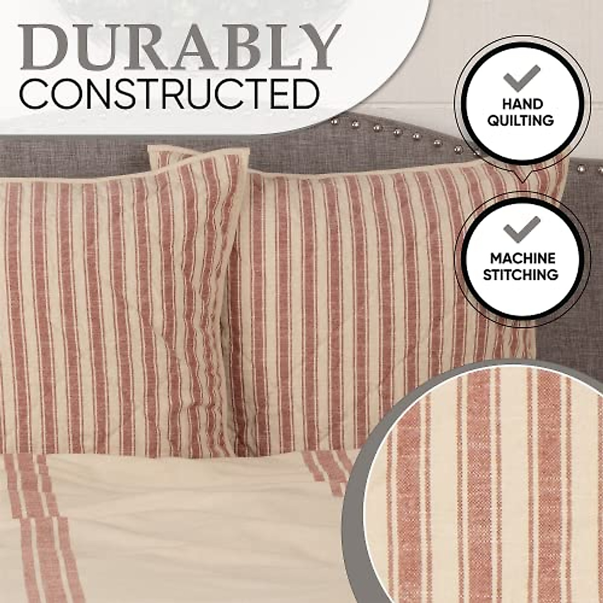 Market Place Red Luxury King Quilt, 100% Cotton Quilted Bedspread with Red Ticking, Hand Quilted Grain Sack Bed Spread Bedding for Boho, Shabby Chic and Rustic Farmhouse Decor (105”x120”)