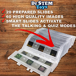 Dr. STEM Toys - Talking Microscope for Kids with Twenty Slides Containing Sixty Specimens, Over 120 Quiz Facts, Adjustable Focus, and Light-Up Platform