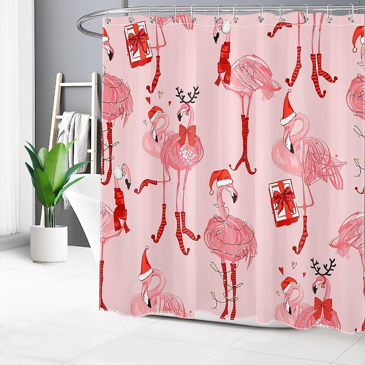 HVEST Christmas Flamingo Shower Curtain, Pink Flamingo with Xmas Hat and Stocking on Pink Background Shower Curtain for Bathroom, Fabric Shower Curtain with Hooks, 72W x 78L Inches