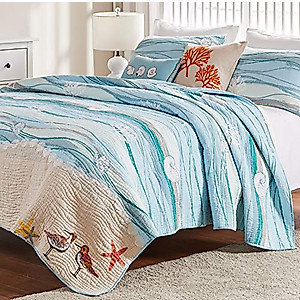 Greenland Home Maui Embroidered Coastal Quilt and Pillow Sham Set, King/California King (3 Piece), Blue