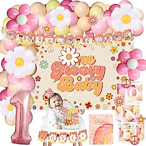125 PCs Groovy One Party Decorations, Fiesec One Groovy Baby Birthday Decorations Girl Boho Daisy Hippie First Party Backdrop Balloon Garland Monthly Photo Highchair Banner Cake Topper Crown Poster