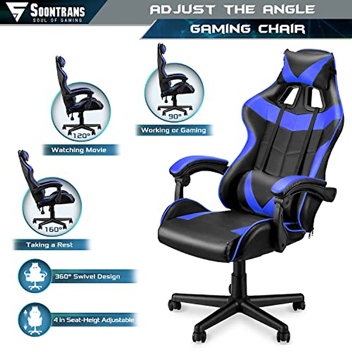 Soontrans Blue Gaming Chairs with Massage,Ergonomic Computer Gamer Chair,Game Chair with Adjustable Headrest and Lumbar Support (Storm Blue)