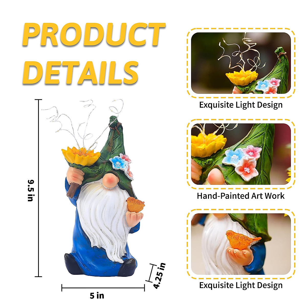 CHUANGFENG Outdoor Garden Gnomes Statue: 9.5‘’ Solar Garden Decor with LED Light Patio Yard Lawn Decoration Housewarming Birthday Gifts for Women