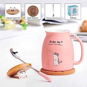 Feify Cute Cat Cup Ceramic Coffee Mug with Kawaii Cat Wooden Lid, Lovely Stainless Steel Spoon, Anime Kitty Thicken Wooden Coaster, Christmas Birthday Gift Cute Thing Japanese Mug 16oz (Pink)