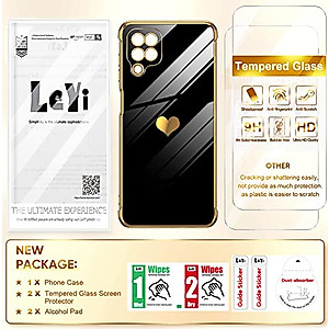 LeYi for Samsung Galaxy A12 Case with Tempered Glass Screen Protector [2 Pcs]+ Full Camera Lens Protection, Love Heart Plating Girly Women Cute Luxury Soft TPU Shockproof Case for Samsung A12, Black