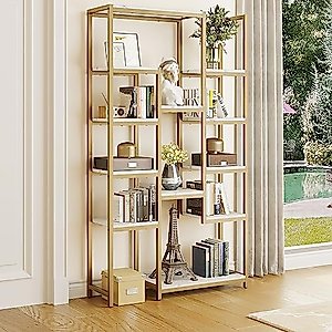 YITAHOME 6 Tier Gold Bookshelf, 71” Tall Modern Free Standing Bookshelf with 12 Shelf Bookcase, Faux Marble Open Display Storage Book Shelves for Living Room Bedroom Office Home, Gold & Marble