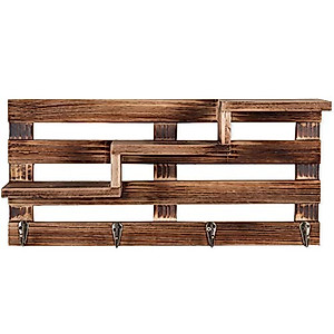 MyGift Wall Mounted Rustic Burnt Wood Key Rack Organizer with Tiered Floating Display Shelves