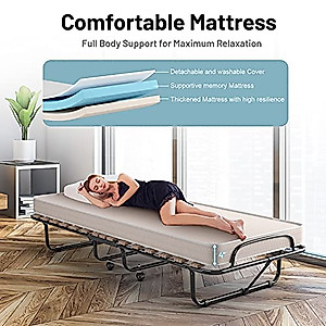 GOFLAME Rollaway Folding Bed with Memory Foam Mattress, Portable Guest Beds Cot Size with Sturdy Metal Frame for Spare Bedroom & Office