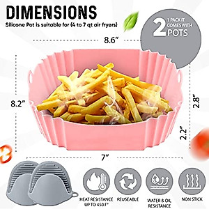 BW 2-Pack Square Silicone Air Fryer Liners 8 Inch For (4 to 7 QT) Reusable AirFryer Pot Air Fryer Inserts For Oven Microwave Accessories (Grey+Pink) + (2 Anti Heat Gloves)