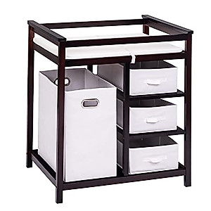 Obbao Changing Table, Baby Changing Table, Changing Table with Hamper, 3 Storage Baskets Drawers, Safety Strap and Removable Pad, Brown