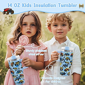 14 oz Monster Truck Tumbler with Handle and Straw for Kids, Insulated Stainless Steel Travel Mug for Toddlers Boys, Vacuum Leak Proof Reusable Tumbler, Birthday Gifts for Boys