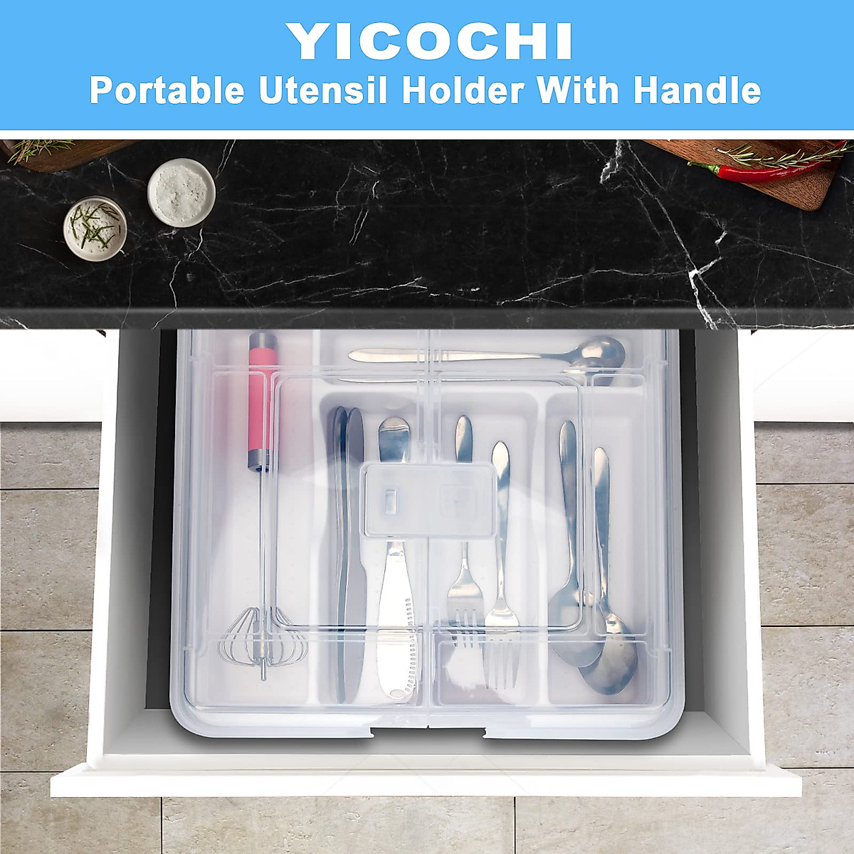 YICOCHI Portable Utensil Holder for Countertop with Lid & Handle, Plastic Silverware Tray for Drawer Flatware Organizer, White