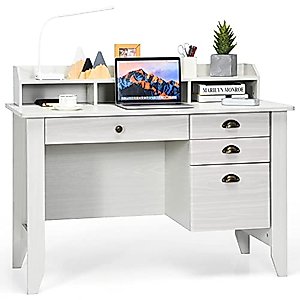Tangkula White Desk with 4 Storage Drawers & Hutch, Home Office Computer Desk Vintage Desk with Storage Shelves, Wooden Executive Desk Writing Study Desk (White)
