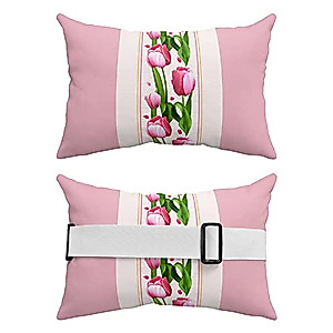 Recliner Head Pillow Ledge Loungers Chair Pillows with Insert Mother's Day Watercolor Tulips Pink Border Lumbar Pillow with Adjustable Strap Outdoor Waterproof Patio Pillows for Beach Pool, 2 PCS