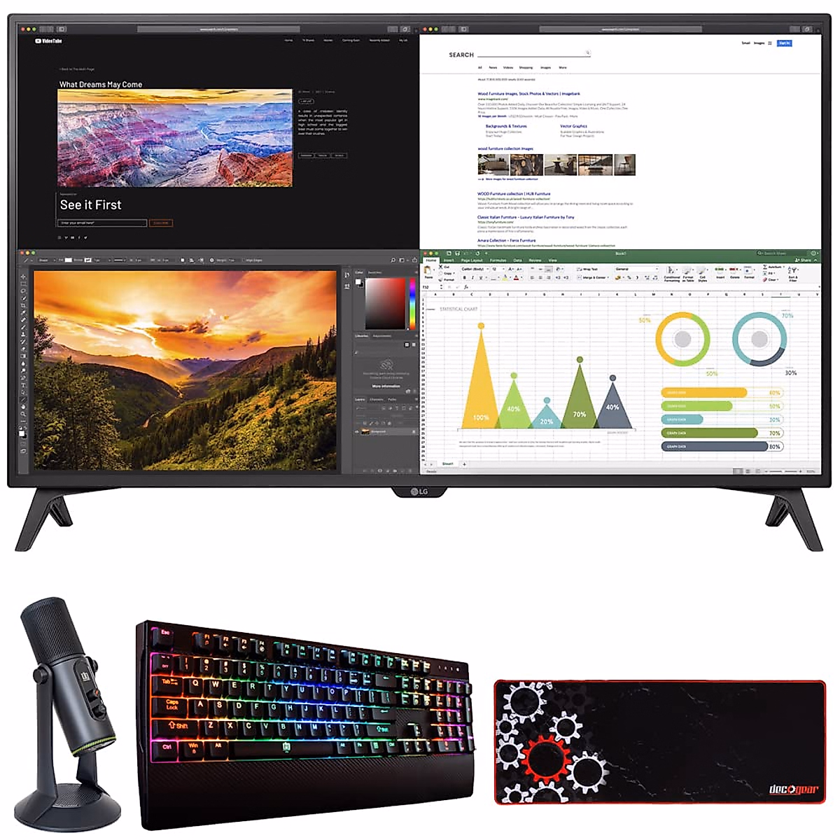 LG 43UN700T-B 43" 4K UHD 3840x2160 IPS USB-C HDR 10 Monitor Bundle with Deco Gear Mechanical Gaming Keyboard, PC Microphone for Gaming and Gaming Mouse Pad