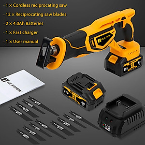JEXUGK Brushless Reciprocating Saw Cordless, 21V Max 3500 SPM Rechargeable Saw, 2 x 4.0Ah Battery, 12 Saw Blades & Fast Charger, Variable Speed Reciprocating Saws for Woods/Metal/Plastic Cutting