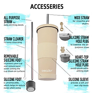 OBELIEF 30oz Insulated Tumbler With Lid and Straw, Silicone Sleeve Coasters And Straw Tips, Insulated Coffee Mug, Thermos Coffee, Gift For Women Mom Girlfriend (Cream)