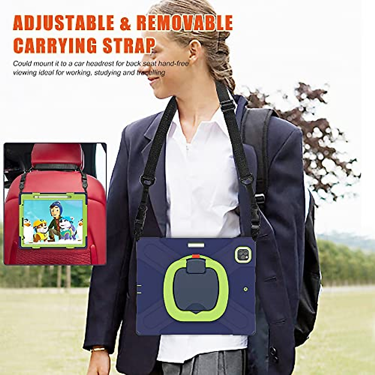 SCSVPN iPad Pro 12.9 Case 4th/3rd Generation, Full Heavy Duty Shockproof Protective Cover for iPad Pro 12.9 inch 2020/2018 with Pencil Holder - 360 Rotating Stand - Handle/Shoulder Strap, Navy Green