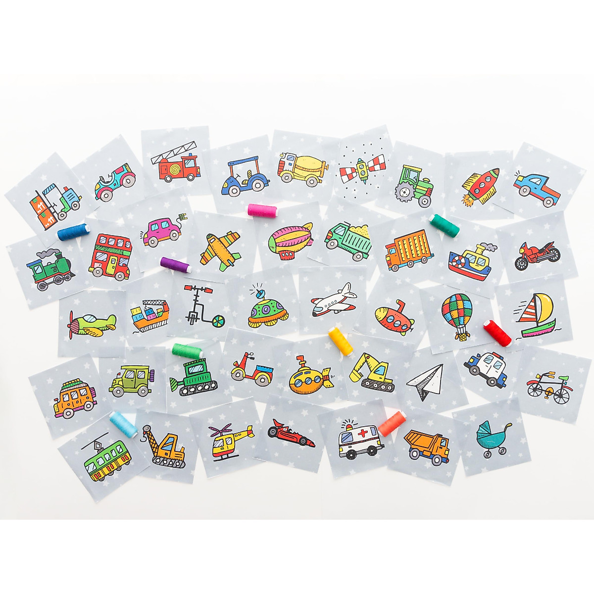 Lalikul Fabric Transport & Vehicles, 100% Cotton Charm Packs, 42 Different Motifs, Fat Quarters, Ideal for Quilts, Sewing, Blankets, I Spy Games for Kids, 5" x 5" Squares.