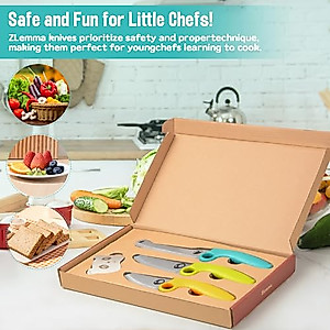 ZLemma Kids Knife Set for Real Cooking with Educational Ring & Panda Finger Guard for Boys & Girls Cutting, Kids Chef Knife Stainless Steel Blade for Kitchen Cutting-Cool-toned