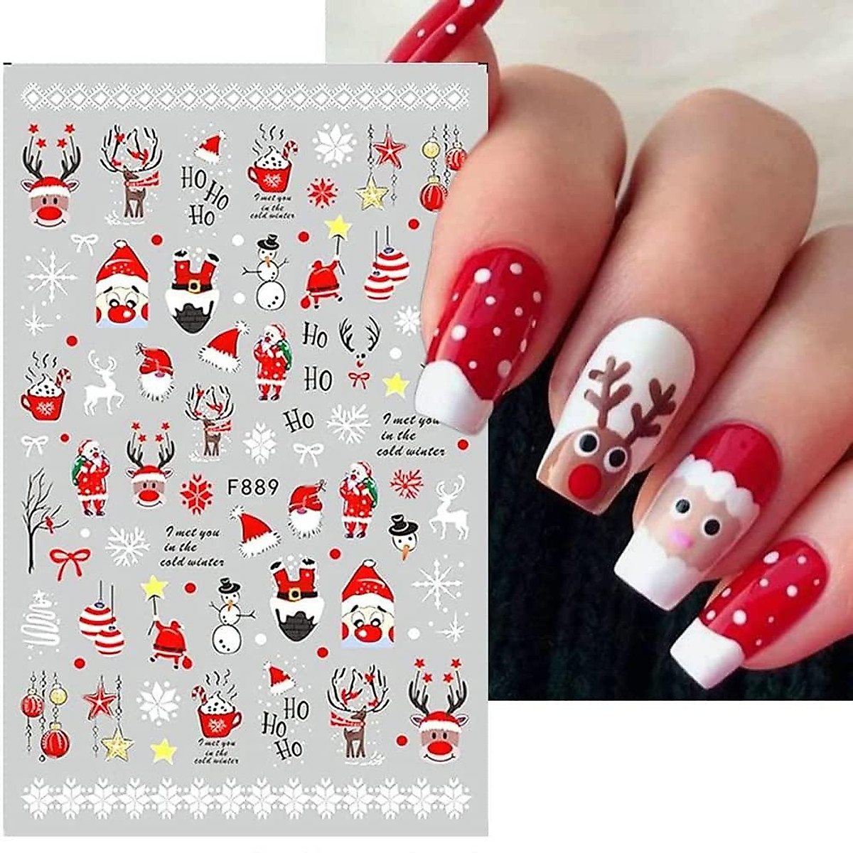 10 Sheets Christmas Nail Art Stickers Decals Self-Adhesive Pegatinas Uñas Holiday Kids Cute Red Xmas Snowflakes Tree Nail Supplies Nail Art Design Decoration Accessories
