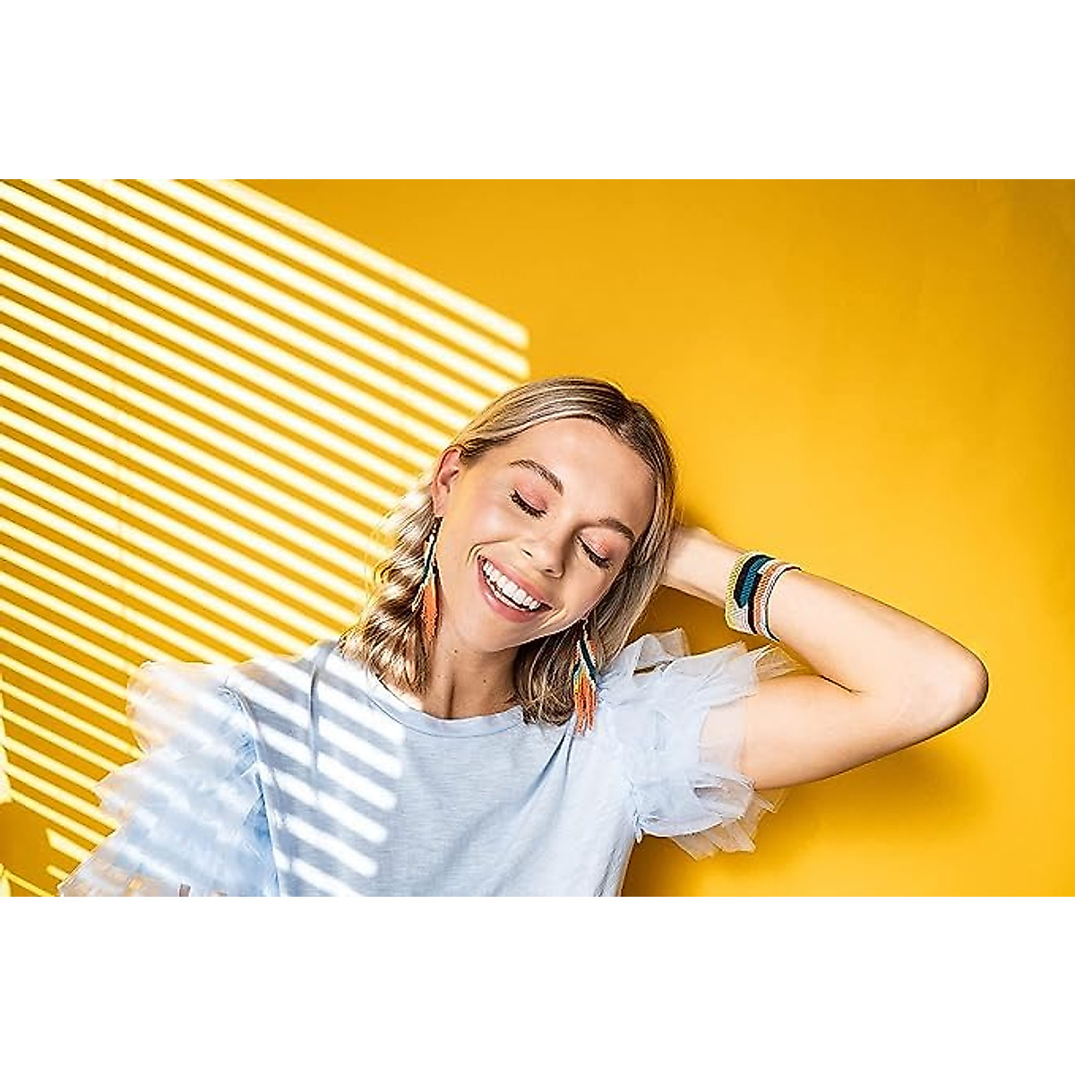 INK + ALLOY Women's Pink Peacock Yellow Horizontal Stripe Stretch Beaded Cuff Bracelet Handmade Jewelry for the Modern Bohemian