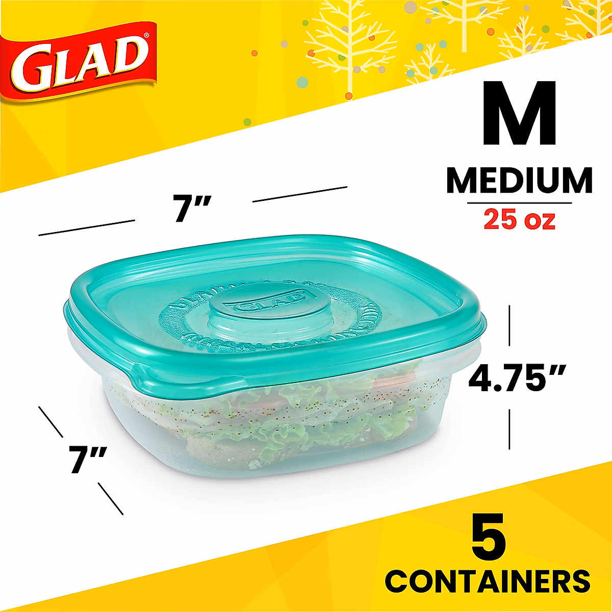 GladWare Medium Entrée Square Food Storage Containers with Lids | 25 oz Holiday Containers with Green Pine Tree Design, 5 Count Set | Airtight Food Storage Containers for Food