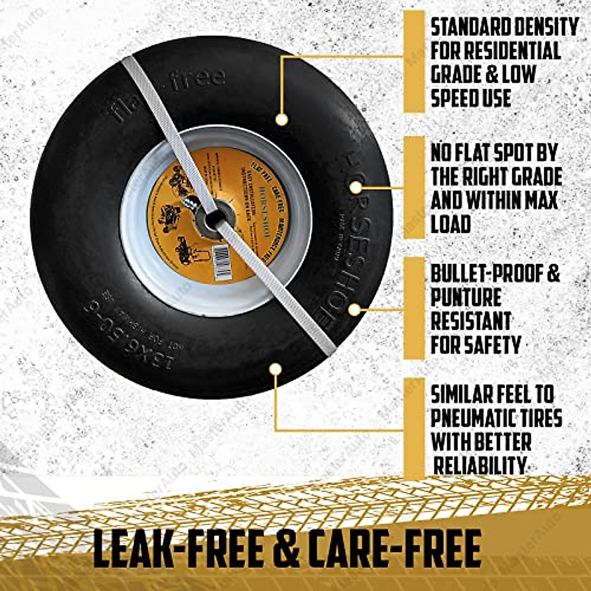 13x6.50-6 Flat-Free Lawn Mower Smooth Tire with Steel Rim for Lawn Mower Garden Tractor - Hub 4"-7.1" - 5/8" Bearing Installed - Extra 1/2" Bearing Included - Residential grade - 2-Pcs-Set