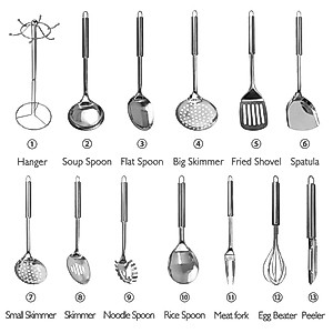 Classic 13 Pcs Stainless Steel Kitchen Utensils Spoon Skimmer Shovel Spatula Meat Fork Whisk Cooking Utensils Tableware