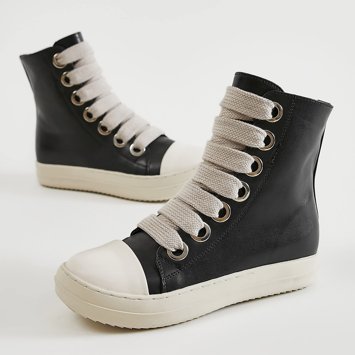 Sanearde High Top Sneakers for Women Lace Up Fashion Canvas Shoes with Zipper Comfort Platform Walking Shoes Black PU Size 8.5