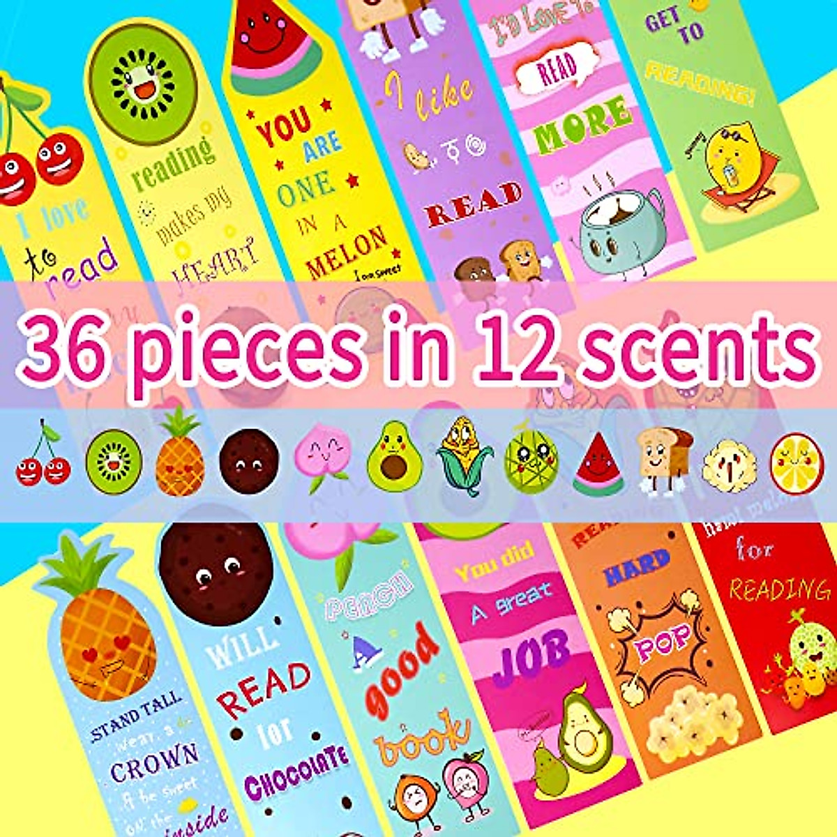 Aphrordity 36 Pieces Bookmarks for Kids Scratch and Sniff Bookmarks Food and Fruit Scented Bookmark for Enhances Children's Interest in Reading and Enhances The Reading Environment.12 Styles