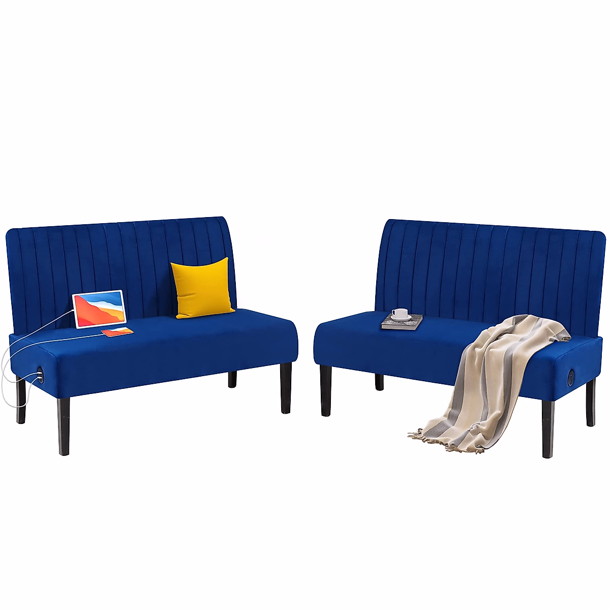STHOUYN Mini Small Comfy Couch Armless Loveseat Sofa for Bedroom with USB Port, Velvet Small Couches for Small Spaces Living Room, Apartment Office Dorm (Navy Blue)
