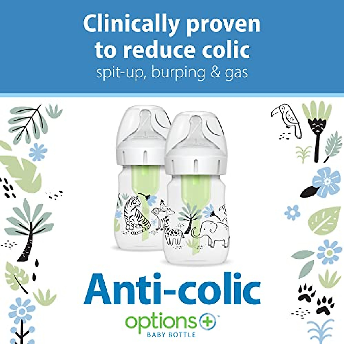 Dr. Brown’s Natural Flow® Anti-Colic Options+™ Wide-Neck Baby Bottle Designer Edition Bottles, Jungle Decos, 5 oz/150 mL, Level 1 Nipple, 2-Pack, 0m+