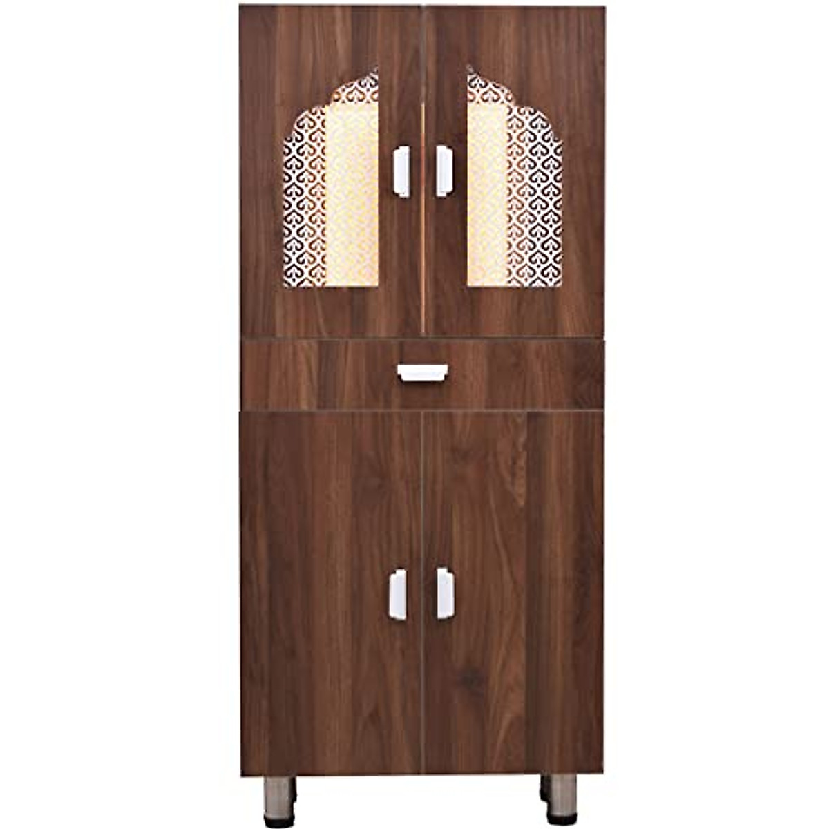 The Mandir Store Wooden Mandir with Doors Led Lights Storage Cabinet in Walnut Colour