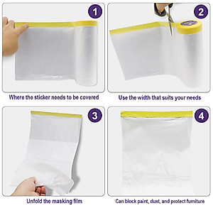 BOMEI PACK 6Rolls Pre-Taped Masking Film, Tape and Drape for Automotive Painting Covering, 3 Multi Size x 66Feet/ Roll