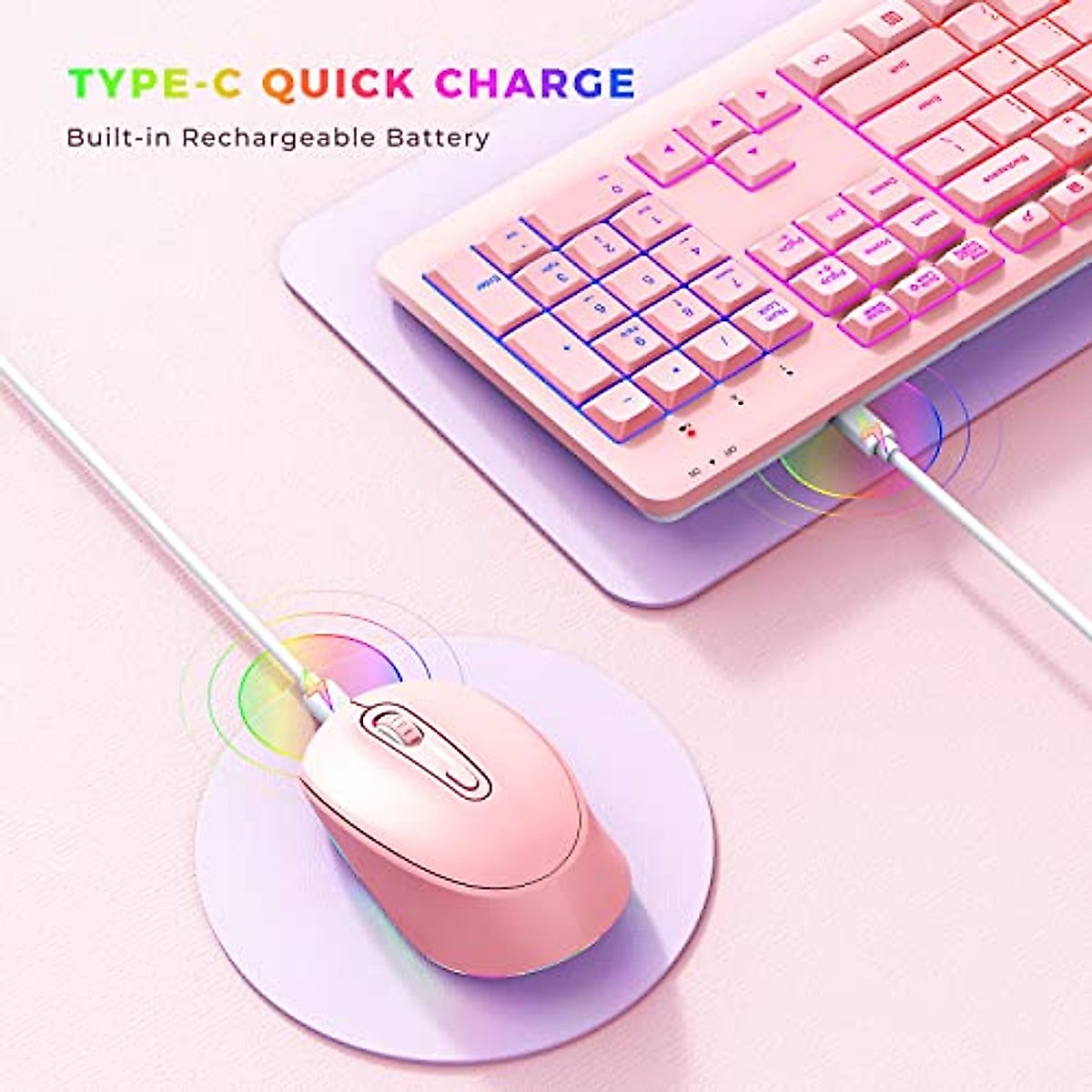 Wireless Keyboard and Mouse Combo Backlit, seenda Rechargeable Full-Size Illuminated 2.4Ghz Silent Keyboard and Mouse for Computer/Laptops/Windows/Gaming, Ice Pink