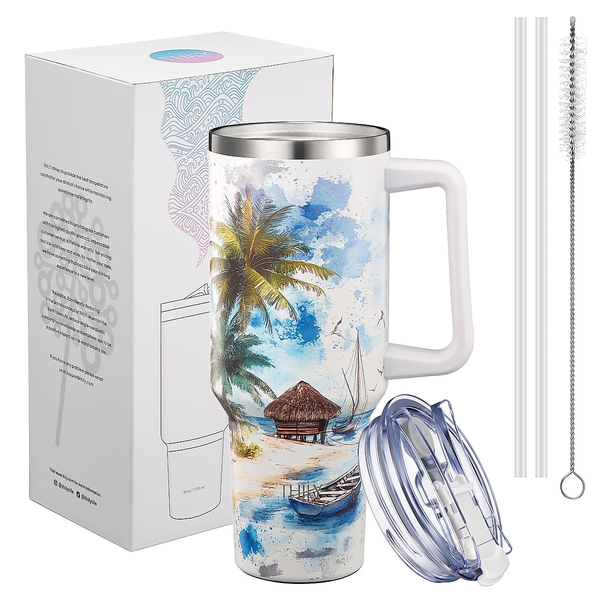THILY 40 oz Stainless Steel Tumbler with Handle - Vacuum Insulated Travel Cup, Splash-Proof & Leakproof Lid, 2 Straws & Brush | Keeps Cold 34H/Hot 12H, Cupholder Friendly, Coastal Breeze