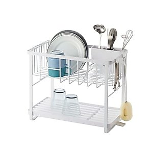 Yamazaki Home Two-Tier Adjustable Dish Drainer Rack, Compact Drying Rack with Hooks, Utensils Holder, Steel, Draining Spout, Water Resistant, No Assembly Req.