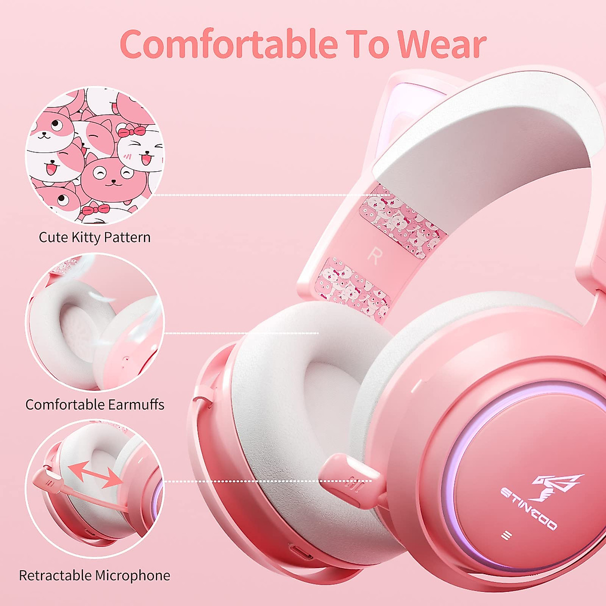 EASARS Wireless Cat Ear Headphones, Pink Gaming Headset Bluetooth 5.0 for Smartphone, Retractable Mic, 50mm Drivers, RGB Lighting Headset with Mic (USB Dongle Not Included)