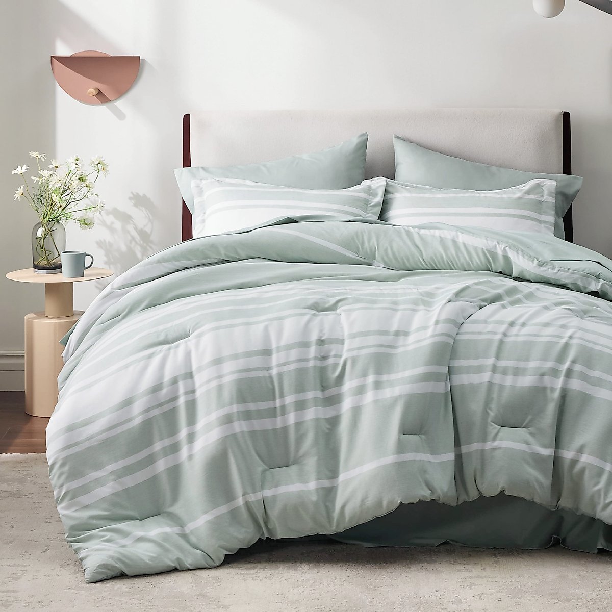 Bedsure Twin Comforter Set 5 Pieces, Sage Green Striped Bedding Set for Twin Size Bed Reversible, Cationic Dyeing Bed in a Bag with Comforter, Sheets, Pillowcase & Sham