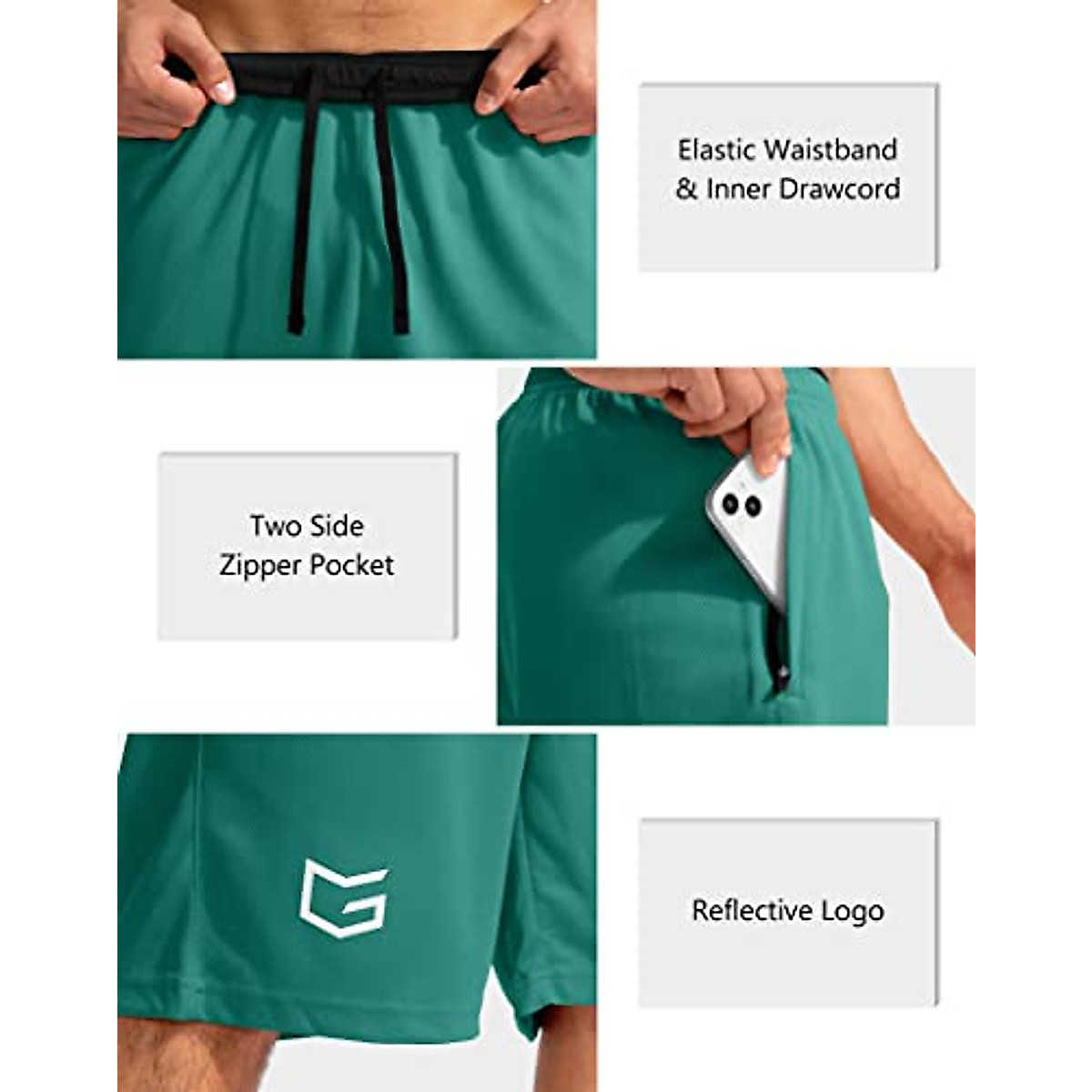 G Gradual Men's Basketball Shorts with Zipper Pockets Lightweight Quick Dry 11" Long Shorts for Men Athletic Gym(Green,L)