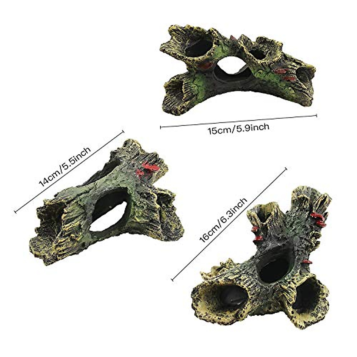 Lainrrew 3 Packs Aquarium Decorations Hollow Tree Trunk, Fish Tank Decorations Betta Fish Ornaments Resin Aquarium Log Caves Wood Hideout with Holes for Betta, Turtles, Reptiles