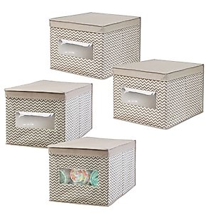 mDesign Large Soft Stackable Fabric Baby Nursery Storage Organizer Holder Bin Box with Front Window/Lid for Child/Kids Bedroom, Playroom, Classroom, Spira Collection, 4 Pack, Taupe/Natural