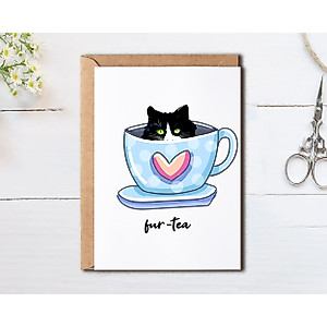 OystersPearl Fur-Tea Funny Birthday Card - Cat Lover Funny Birthday Card - Funny Cat Pun - Cat Coffee - Funny Card - Cat Lover Gift Card