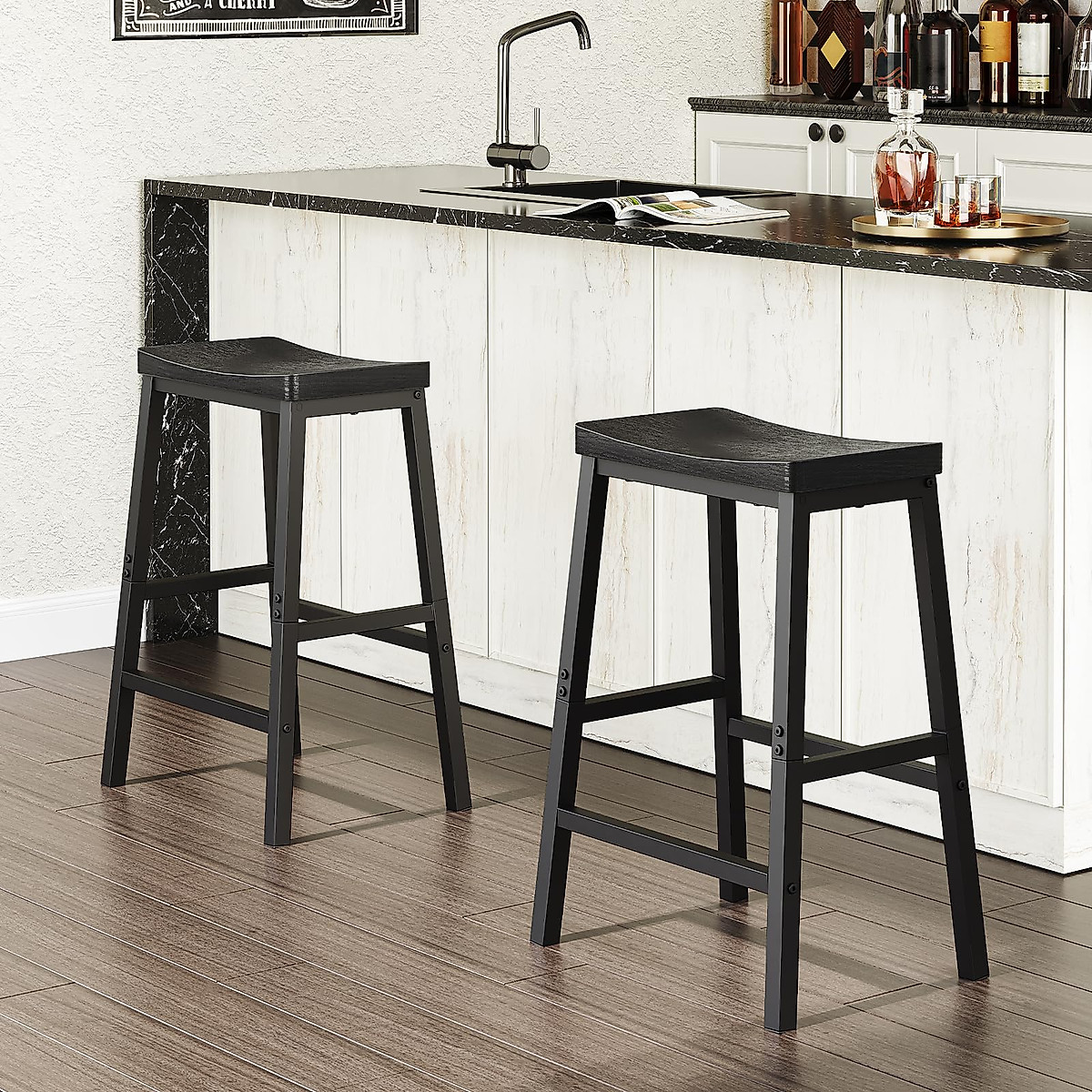 HOOBRO Bar Stools, Set of 2 Bar Chairs, 23.6 Inch Saddle Stools, Kitchen Counter Stools with Footrests, Industrial Stools for Dining Room, Kitchen, Counter, Bar, Black BB02MD01