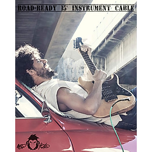 Mophead 15-Foot Guitar Instrument Cable - 1/4 Inch TS to 1/4 Inch TS Right Angle Pro Grade Double Insulated Tweed Braided for Electric Guitar, Bass, Amp, Keyboard (Green and White)