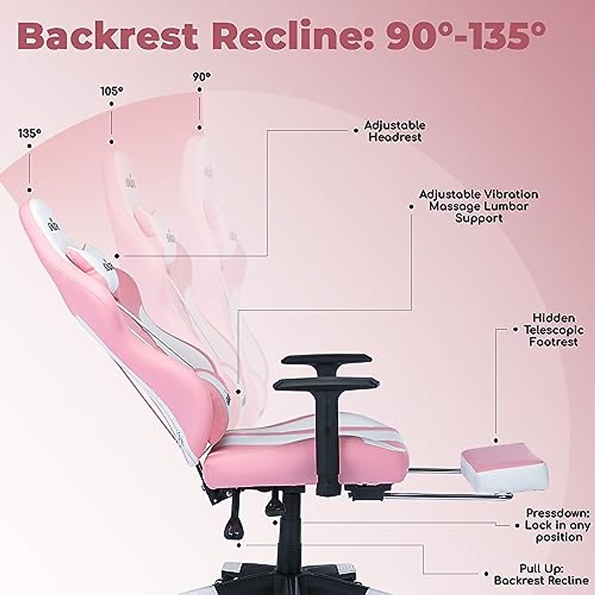 Game Chair with Footrest - Pink Gaming Chair with Massage, Swivel Ergonomic Video Gamer Chairs Leg Rest Height Adjustable Headrest Lumbar Support Backrest Recliner Esports for Adult