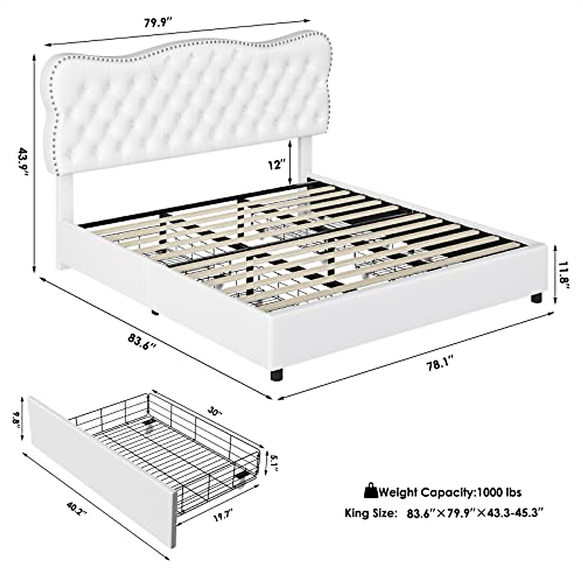 HOSTACK King Bed Frame with 4 Storage Drawers, Upholstered Platform Bed Frame with Button Tufted Headboard, Heavy Duty Mattress Foundation with Wooden Slats, No Box Spring Needed (White, King)
